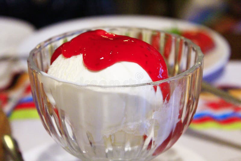 Ice Cream Poured Raspberry Syrup Stock Photo - Image of fresh, macro ...