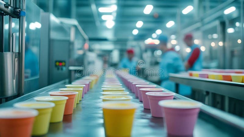 Ice Cream Production Line in Factory with Workers in Protective ...