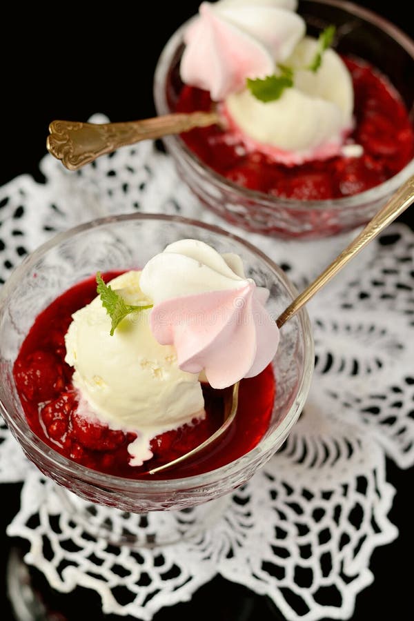 Ice Cream with Raspberry Sauce Stock Photo - Image of calorie, dessert ...