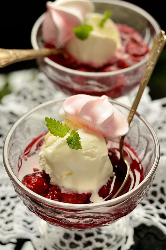 Ice Cream with Raspberry Sauce Stock Image - Image of delicious, color ...