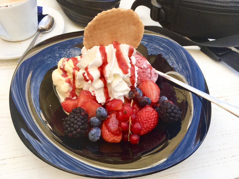 Ice Cream with Red Berries Whipped Cream and Wafer Stock Image - Image ...