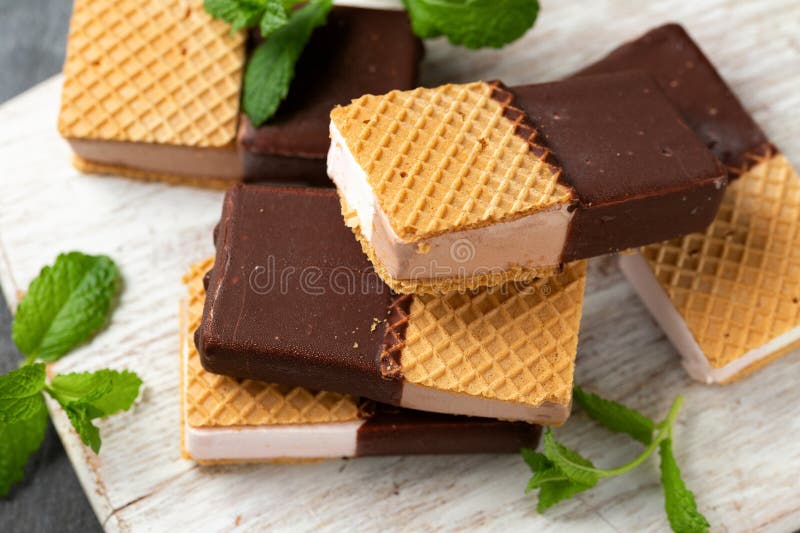 Ice Cream Sandwich with Chocolate and Wafers Stock Photo - Image of ...