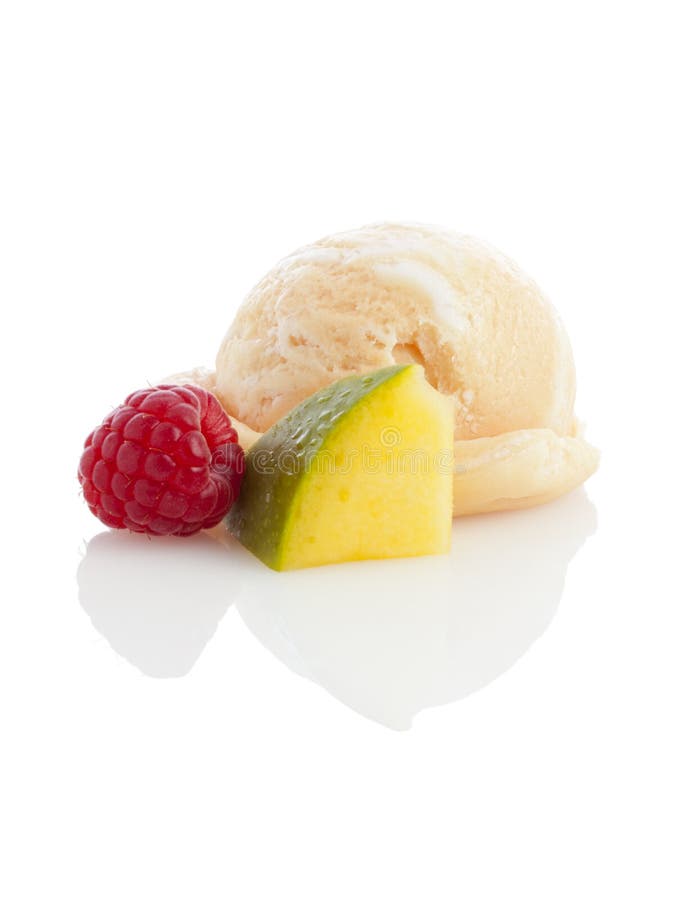 Ice Cream Scoop with Mango and Raspberry Stock Image - Image of cream ...