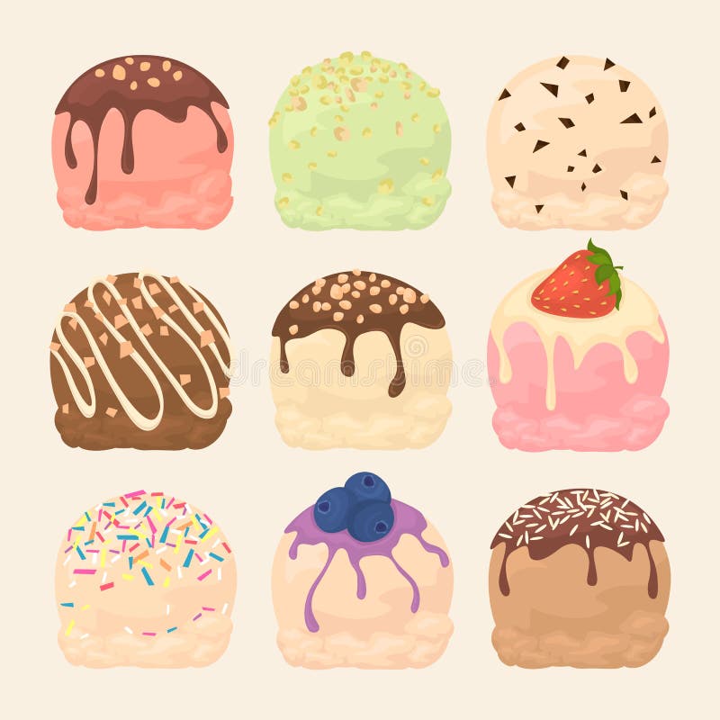 Cute Vector Illustration Set Of Ice Cream Scoop Many Colorful F Stock