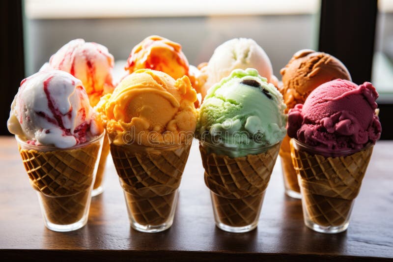 Ice Cream Scoops in Cones of Different Flavors Stock Image - Image of ...