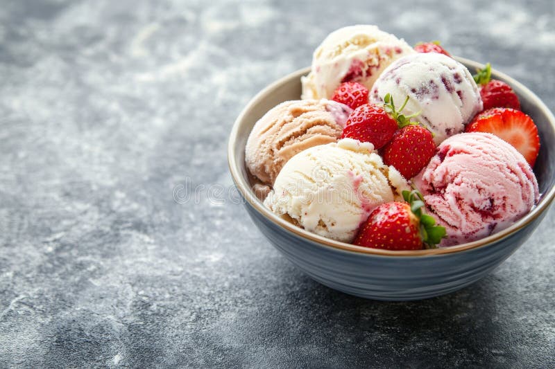 Ice Cream Scoops of Different Flavors in a White Bowl Stock Image ...