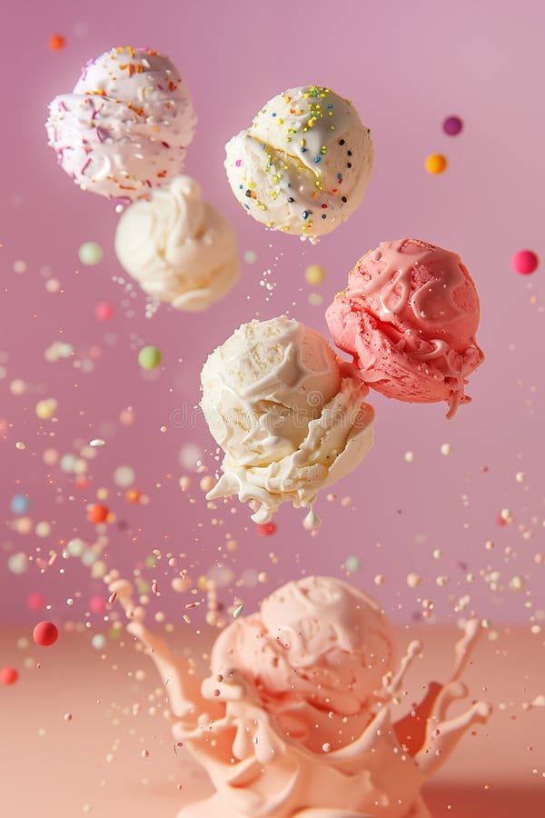 Ice Cream Scoops Flying in the Air with Milk Splash on Pink Background ...