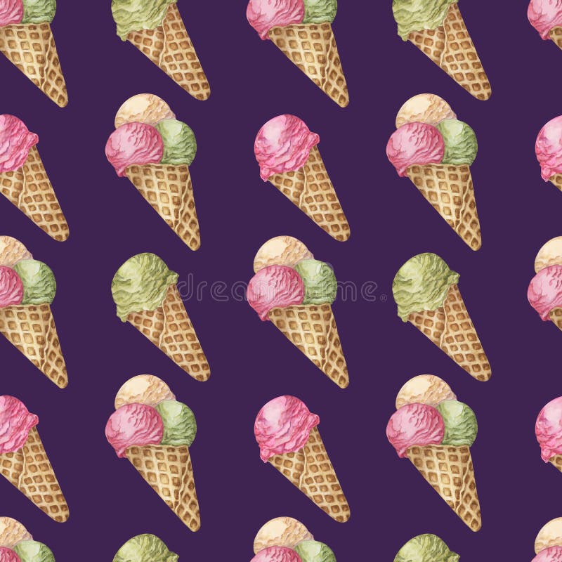 Ice Cream In The Waffle Cone Seamless Pattern Vanilla Berry