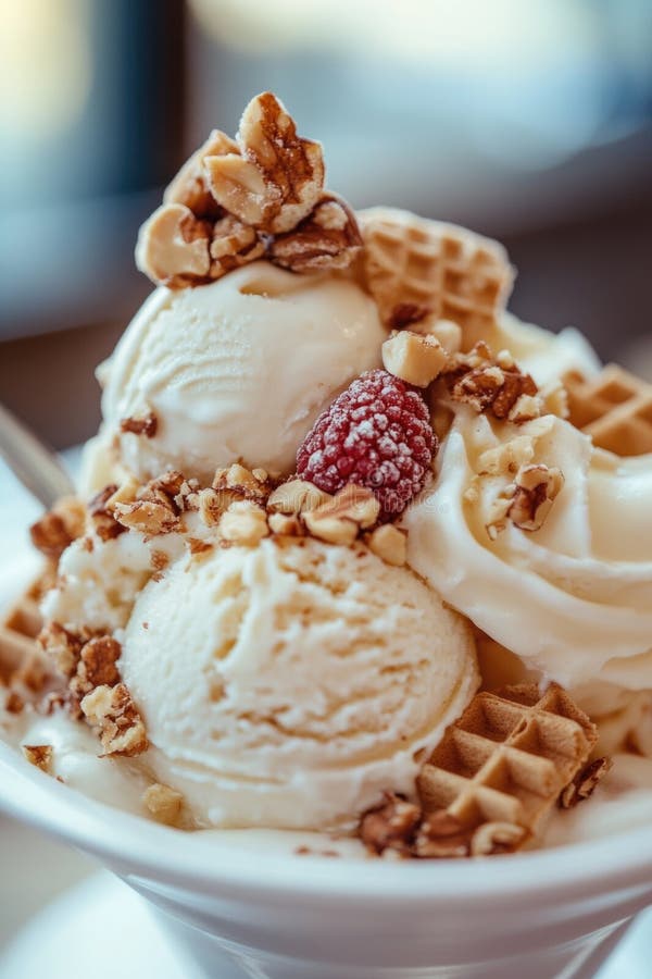 Ice Cream Sundae with Waffle and Fruit Stock Photo - Image of chocolate ...