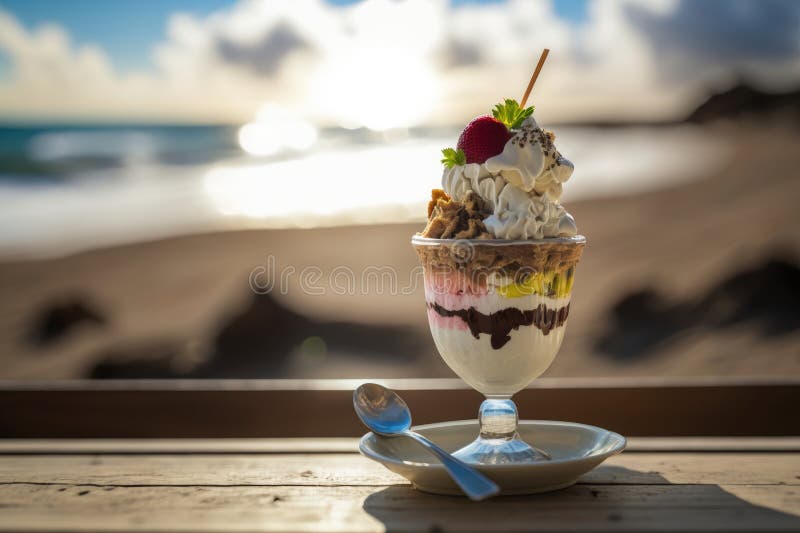 Ice Cream Sundae on a Wood Table in a Beach Made with Generative AI ...