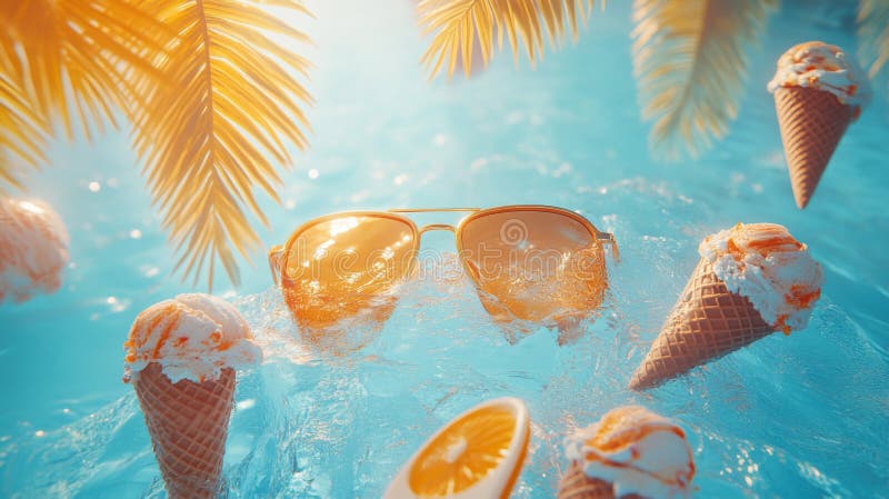 Ice Cream and Sunglasses Floating in a Pool Stock Illustration ...