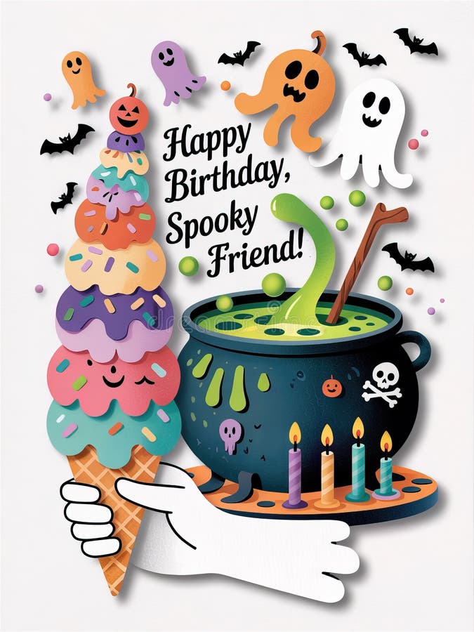 Ice Cream Tower is Held by a Hand Next To Halloween Cauldron and Ghosts ...