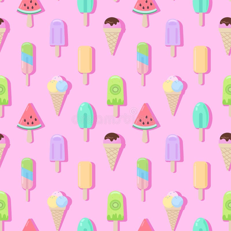 Ice Cream, Vector Cartoon Seamless Pattern in Gentle Pastel Colors ...