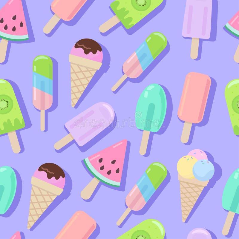 Ice Cream, Vector Cartoon Seamless Pattern in Gentle Pastel Colors ...