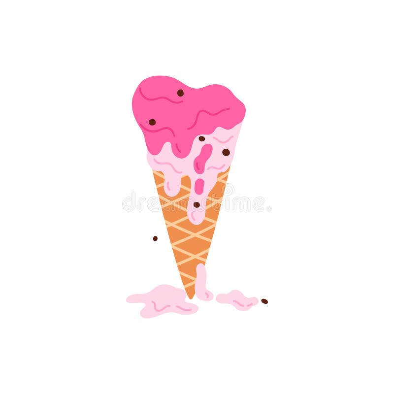 Ice Cream in Waffle Cone Melting, Drops of Pink Sundae Flow Down Stock ...