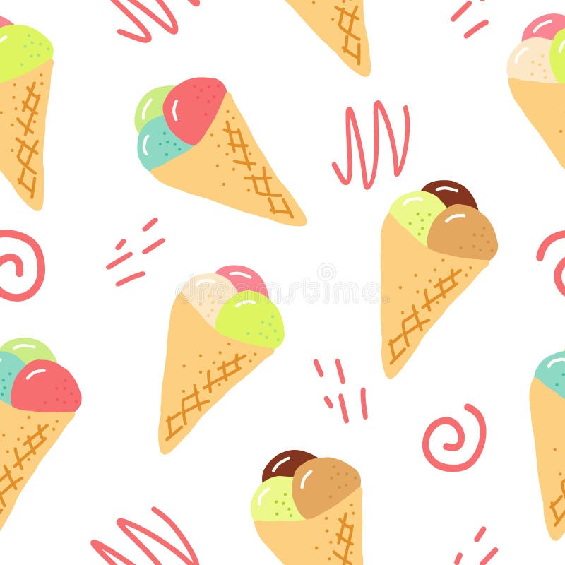 Ice Cream In Waffle Cone Seamless Pattern Hand Drawn Doodle Vector