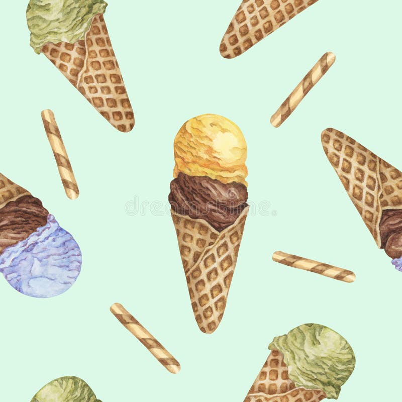 Ice Cream Waffle Cones Seamless Pattern Watercolor Clipart Of Yellow