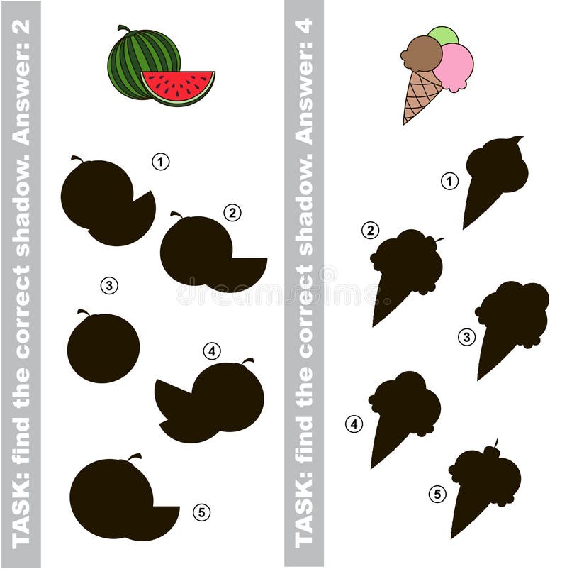 Ice-cream and Watermelon. Find True Correct Shadow. Stock Vector ...