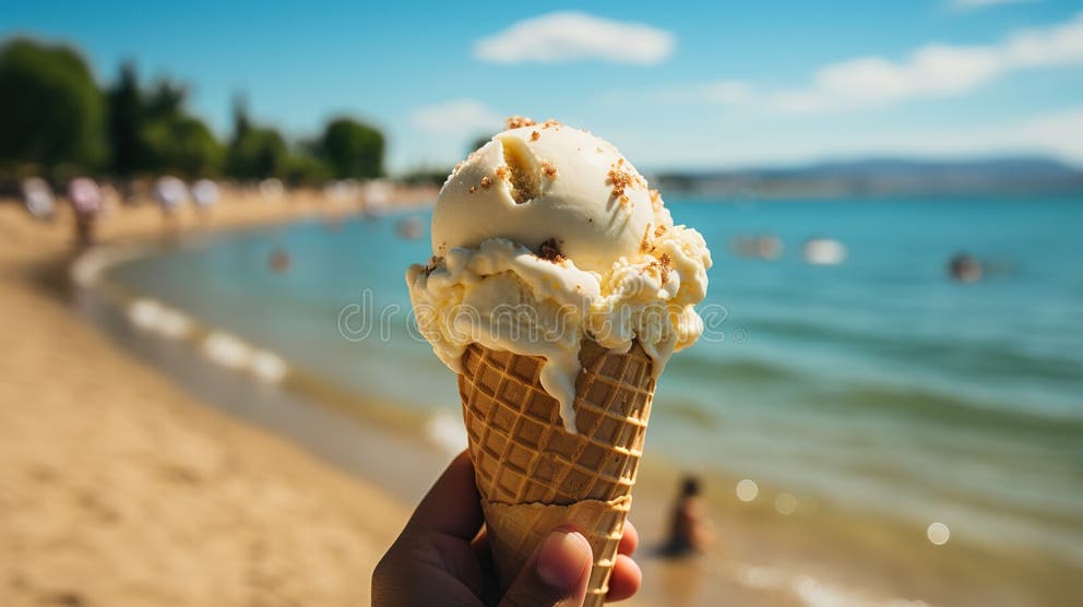 Ice Creams on Beach and Shells with Ocean Landscape Stock Image - Image ...