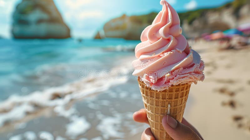Ice Creams on Beach and Shells with Ocean Landscape Stock Photo - Image ...