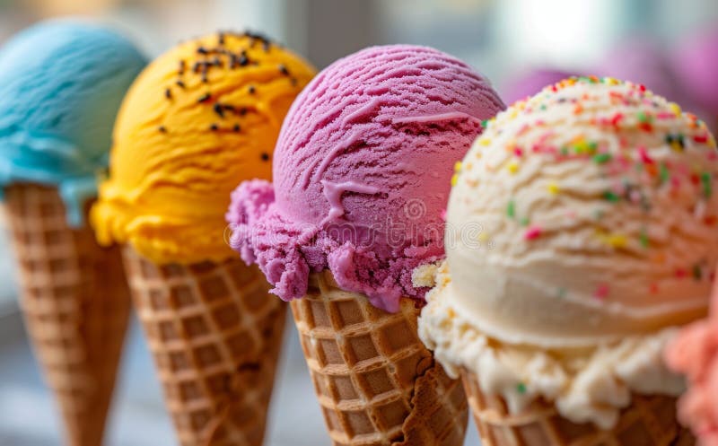 Ice Creams with Several Different Flavors of Ice Cream in Cones Stock ...
