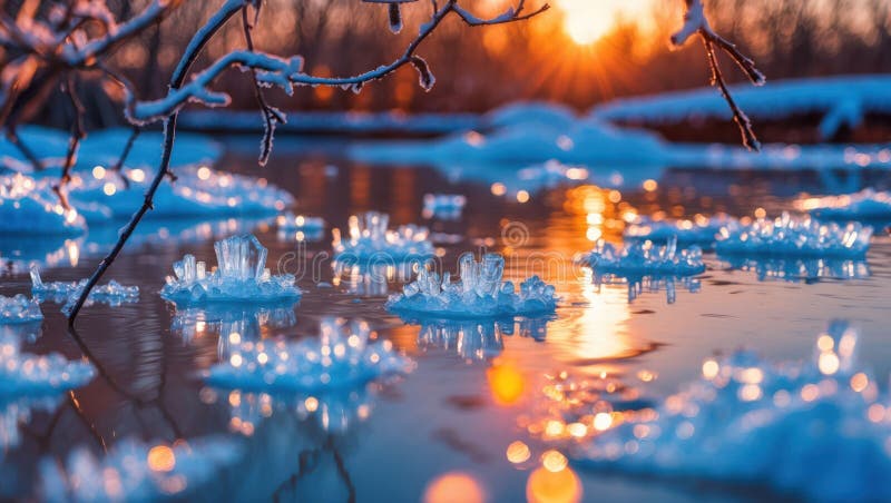 Stunning Ice Crystals on Frozen Lake at Sunset Stock Illustration ...