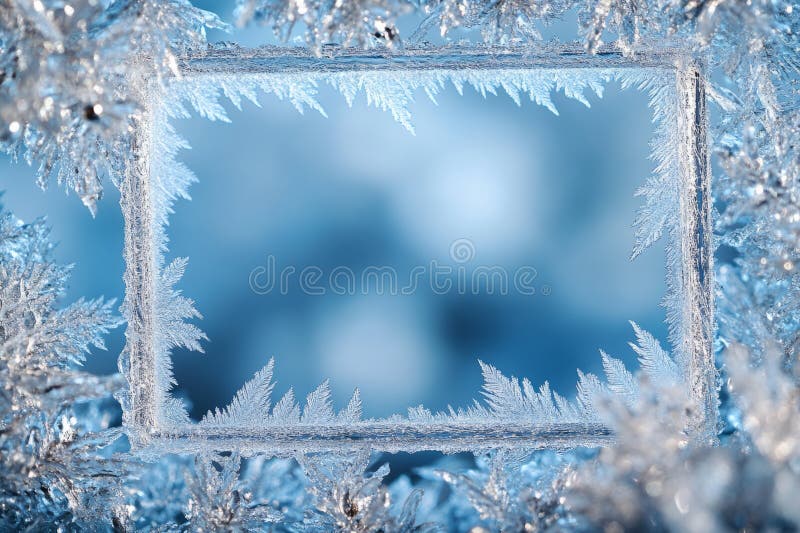 Ice Crystals Forming a Rectangular Frame on a Frozen Window, Creating a ...