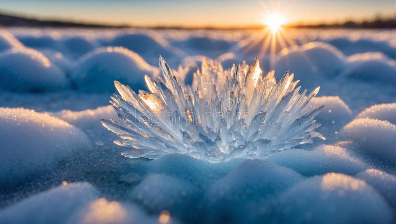 Ice Crystals on a Frozen Lake in the Rays of the Setting Sun Stock ...