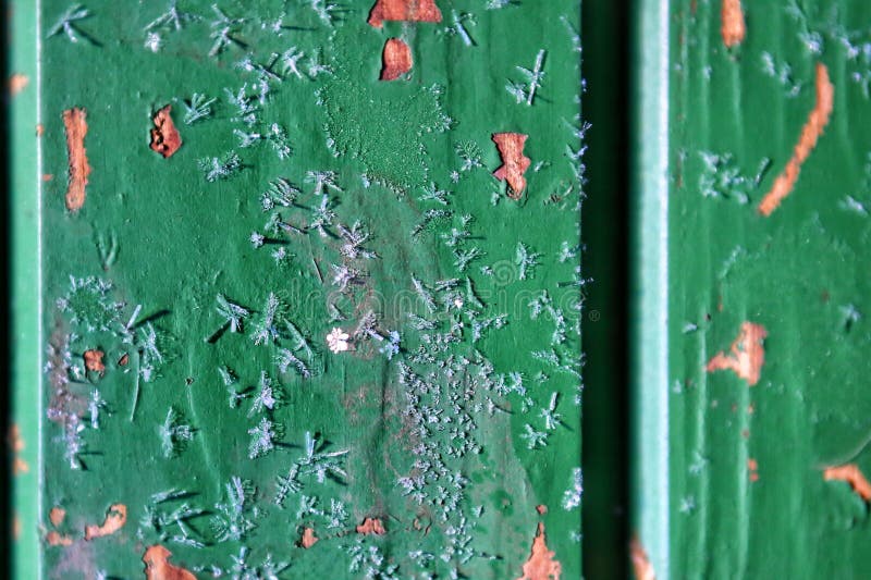 Ice Crystals on Old Wooden Lath with Loose Paint Stock Image - Image of ...