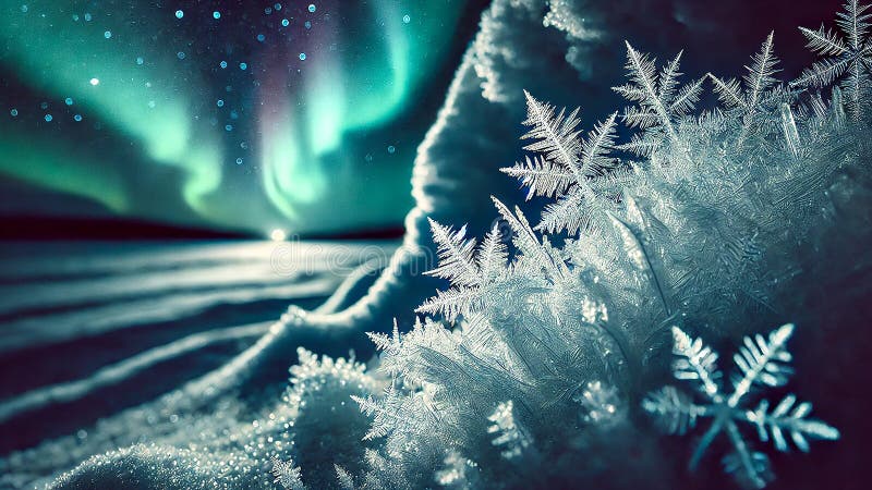 Ice Crystals on a Snowbank, with the Northern Lights Casting a Soft ...