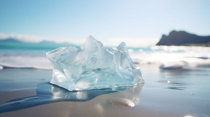 Ice cube on the beach, AI stock photo. Image of cube - 297652100