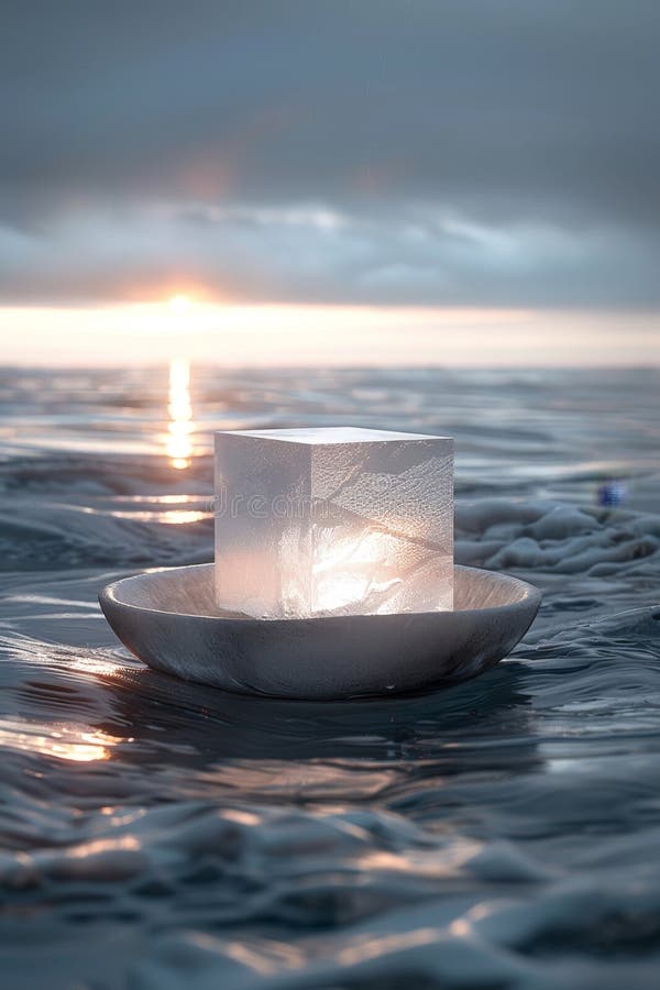 An Ice Cube in a Boat Floating on the Sea. Ice in a Boat in the Ocean ...