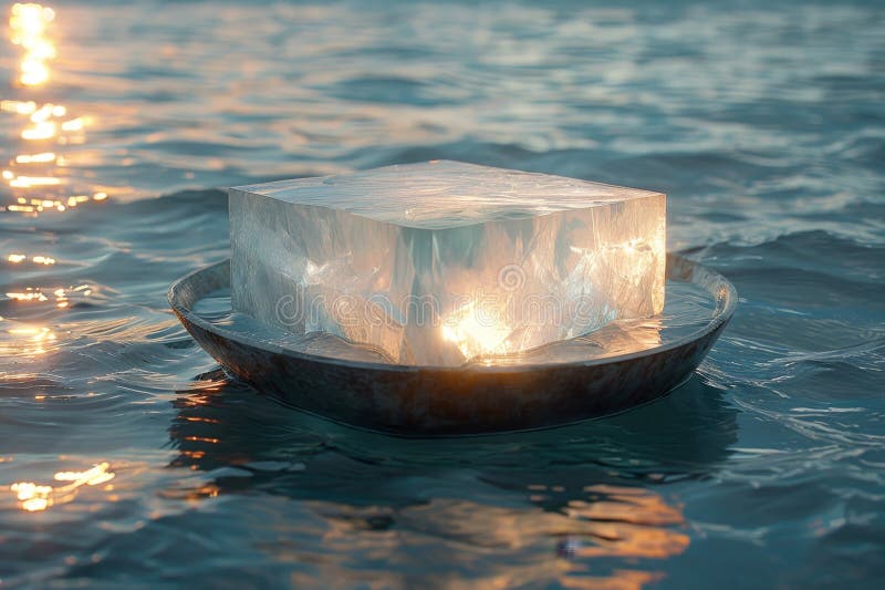 An Ice Cube in a Boat Floating on the Sea. Ice in a Boat in the Ocean ...