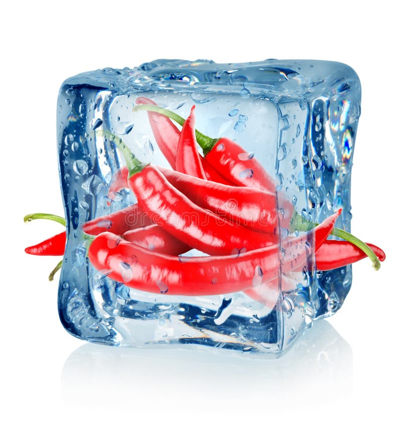 Ice cube and chili peppers stock photo. Image of glass - 28050622