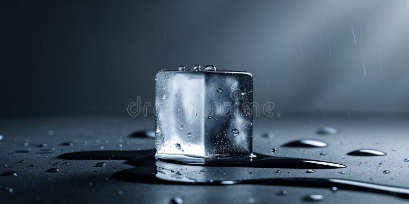 Ice Cube with Condensation and Droplets on a Dark Surface with Blurred ...