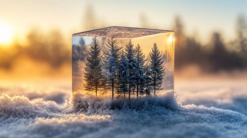 Ice Cube Encapsulating Winter Trees at Sunset Stock Illustration ...