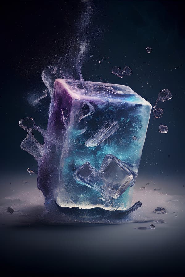 Ice Cube with Falling Ice Cubes on Dark Background. 3D Rendering Stock ...