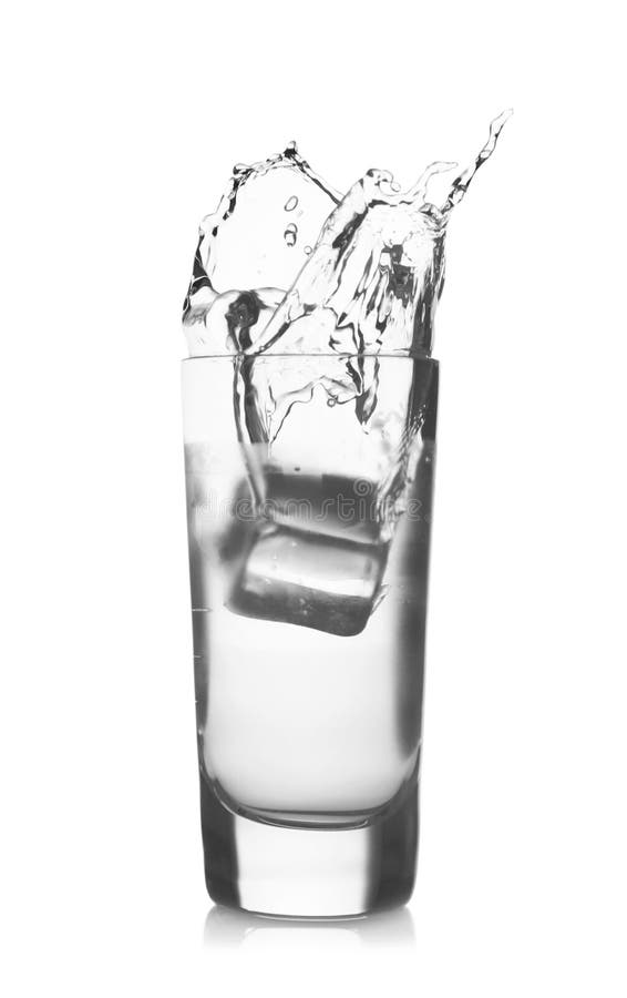 Ice Cube Falling into Shot Glass of Vodka on White Stock Photo - Image ...