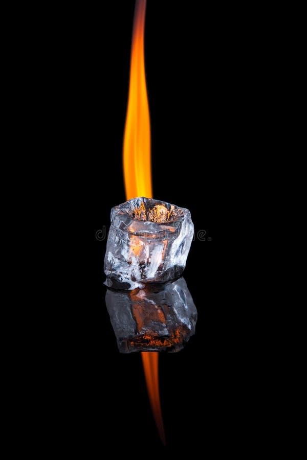 Ice Cube with Flame on Shiny Black Surface Stock Image - Image of ...