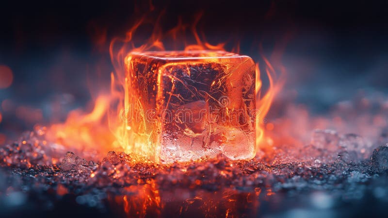 Ice Cube Melting Amid Flames on a Dark Surface Creating Contrast Stock ...