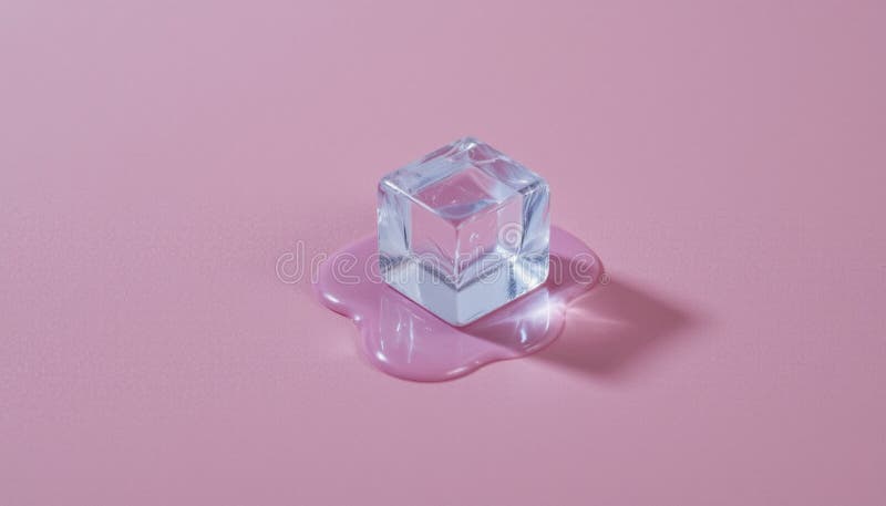 An Ice Cube Melting Slowly on a Pastel Pink Surface, Forming a Tiny ...