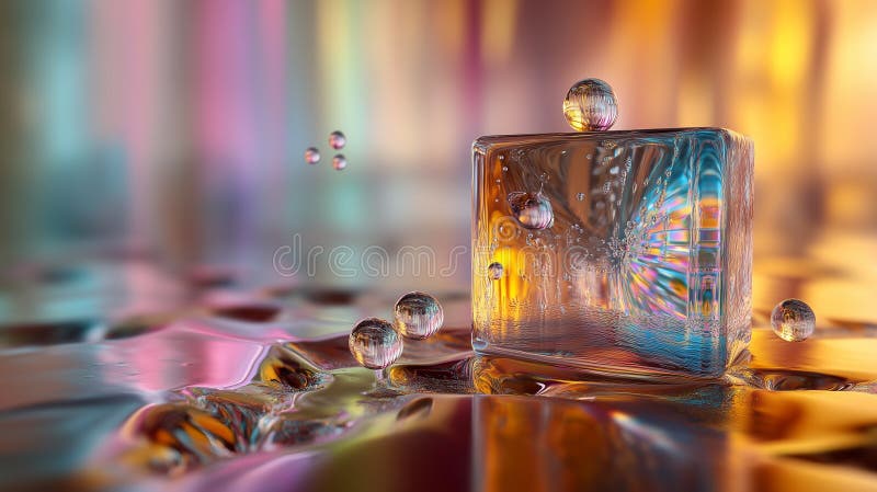 Ice Cube Melting in Vibrant Colors with Water Droplets Reflecting Light ...