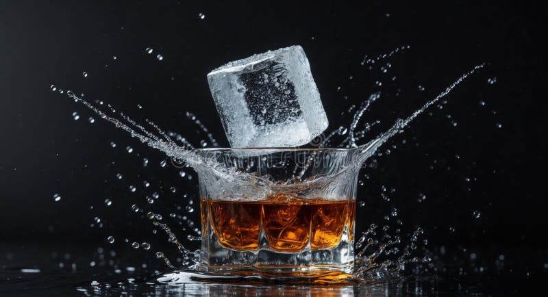 Ice Cube Plunging into Whiskey, Creating a Dramatic Splash on a Dark ...