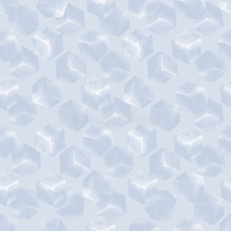 Ice Cube Seamless Pattern on Blue Background. Hand Drawn Watercolor ...