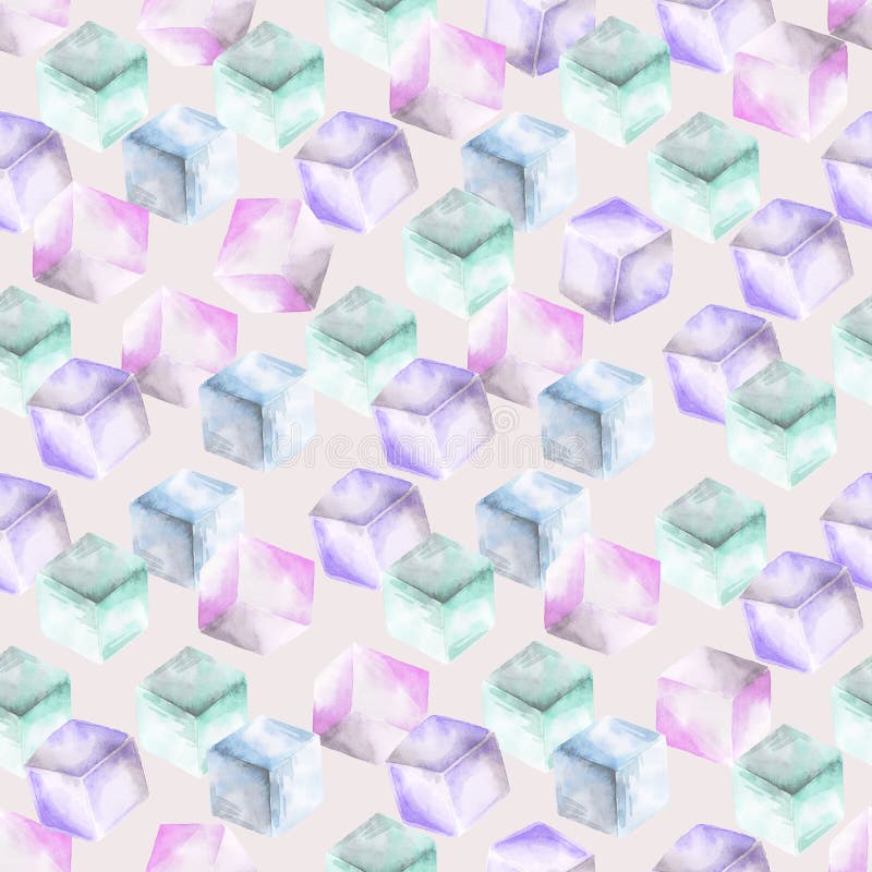 Ice Cube Seamless Pattern on Pink Background. Hand Drawn Watercolor ...