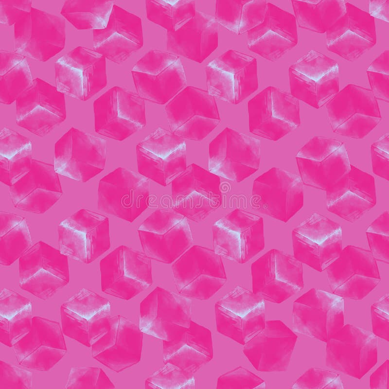 Ice Cube Seamless Pattern on Pink Background. Hand Drawn Watercolor ...