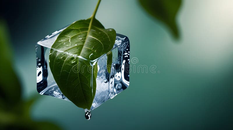 Ice Cube Slowly Melting on a Green Leaf Stock Illustration ...