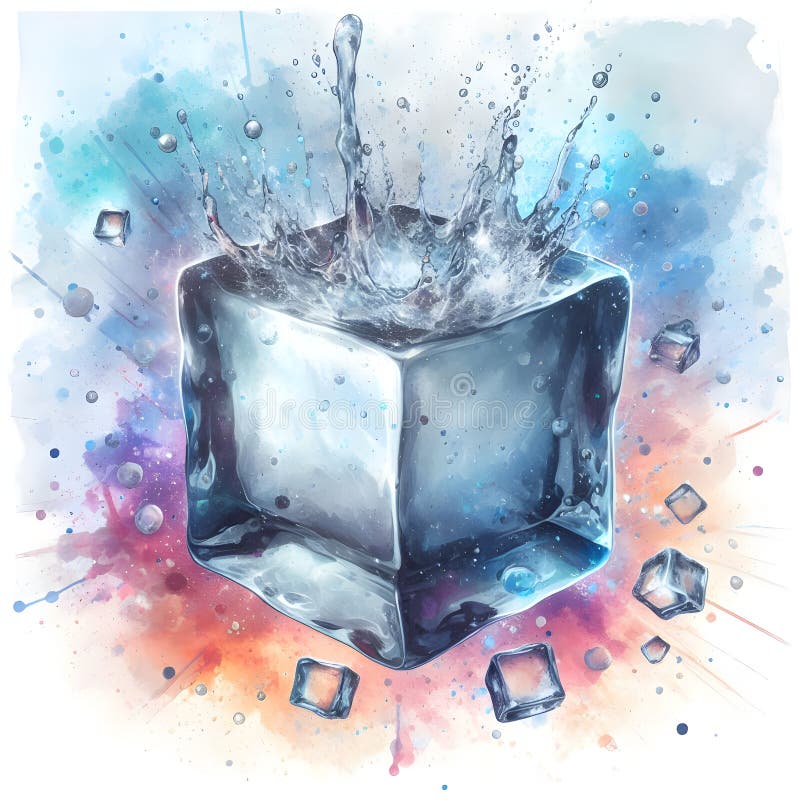 Ice Cube Splashing on Colorful Watercolor Background Stock Illustration ...