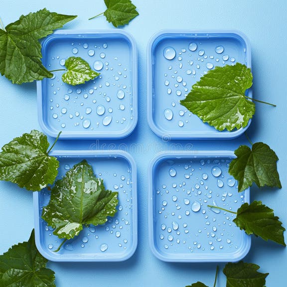 An Ice Cube Tray that Features Water Drops and Leaves in Blue Silicone ...