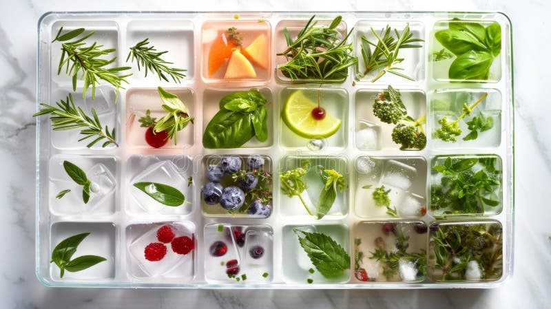 An Ice Cube Tray Filled with Different Herbs and Fruits Used for Making ...